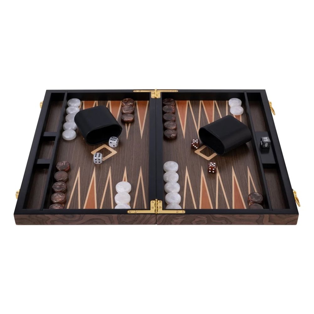 Almere folding backgammon set: burl walnut veneer | Hoyle's of Oxford